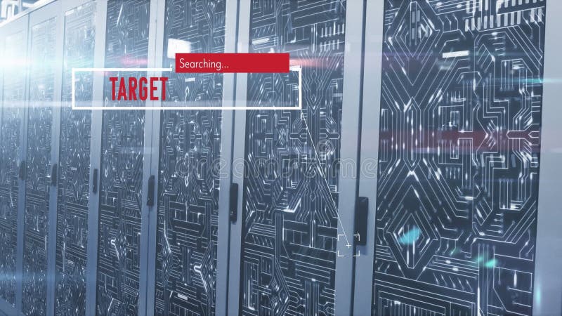 Animation Of Data Processing Against Microprocessor Connections Over Computer Server Room Stock