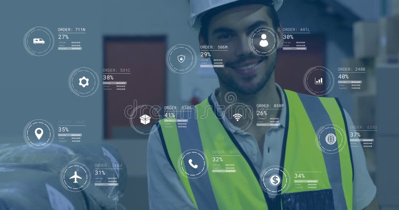 Animation of Data Processing Against Portrait of Caucasian Male Worker ...