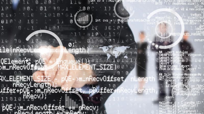 Animation Of Data Processing And Binary Coding Over Businessman Touching Interactive Screen