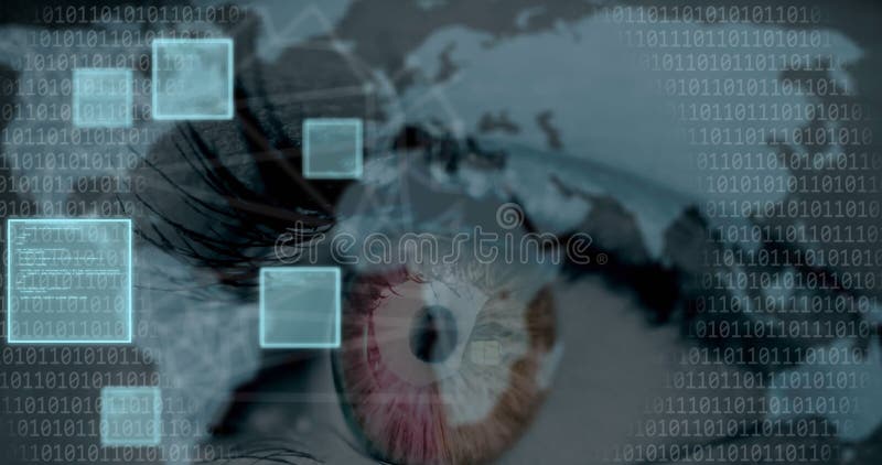 Animation of Data Processing and Binary Coding Over Eye and World Map ... Animation of Data Processing and Binary Coding Over Eye and World Map ...