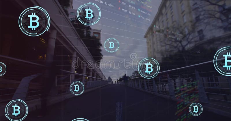 Animation of Data Processing and Bitcoin Symbols Over People Walking on ...