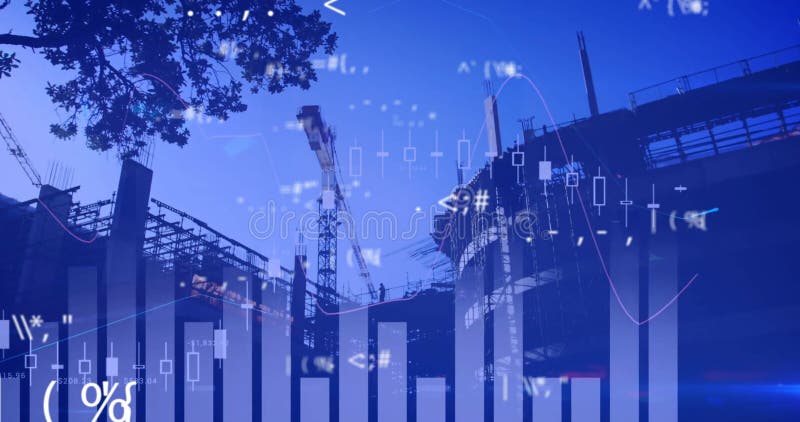 Animation of Data Processing and Charts Over City Construction Site ...