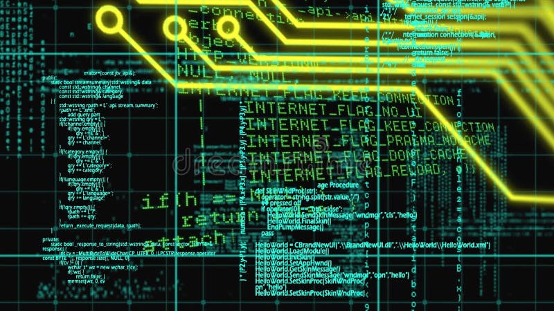 Animation Of Data Processing And Computer Circuit Board Over Grid Stock