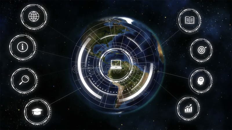 Animation of Data Processing with Connections and Icons Over Globe ...