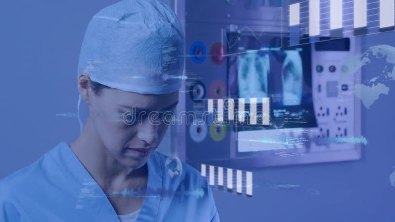 Animation of Data Processing and Diagrams Over Caucasian Female Surgeon ...