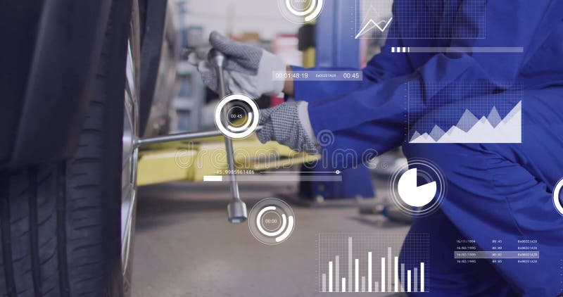 Animation of Data Processing and Diagrams Over Caucasian Male Mechanic ...