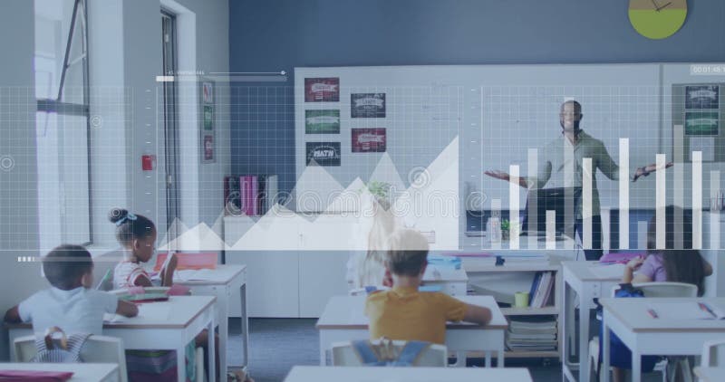 Animation of Data Processing and Diagrams Over Diverse Male Teacher and ...