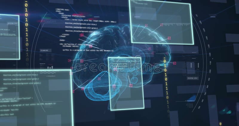 Animation of Data Processing and Digital Screens Over Digital Brain ...
