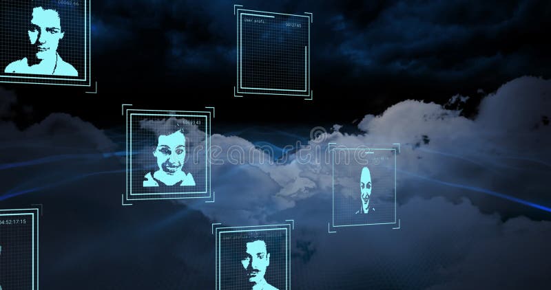 Animation of Data Processing with Diverse People Portraits Over Sky ...