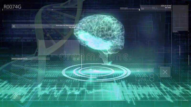 Animation of Data Processing and Dna Chain Over Brain Scan on Dark ...