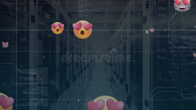 Animation of Data Processing and Emoji Icons Over Server Room Stock ...