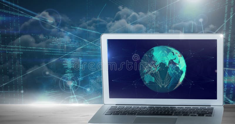 Animation of Data Processing with Globe on Computer Screen Over Clouds ...