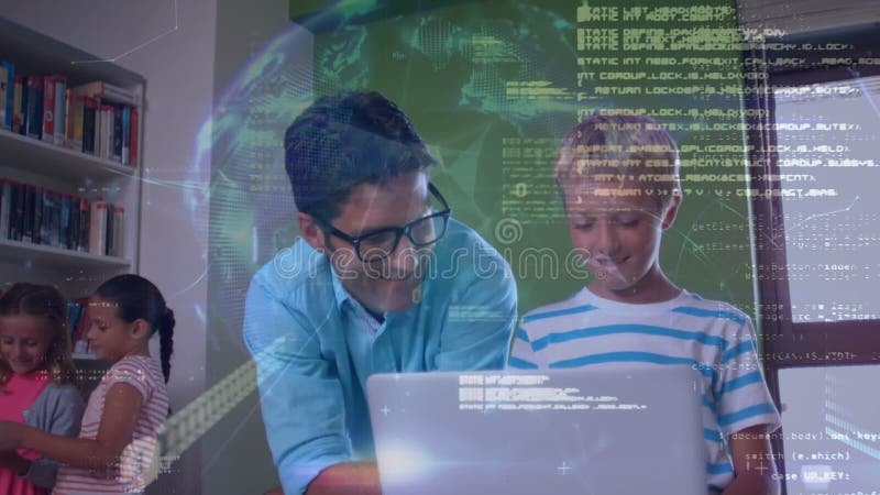 Animation of Data Processing and Globe Over Caucasian Male Teacher and ...