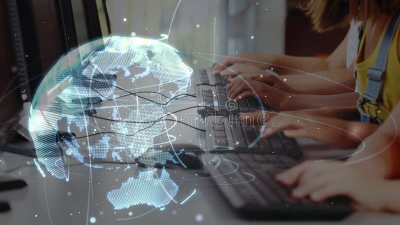 Animation of Data Processing and Globe Over Diverse Group of ...