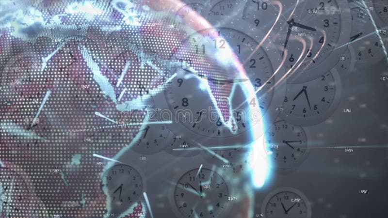 Animation of Data Processing and Globe Over Multiple Clocks Moving Fast ...