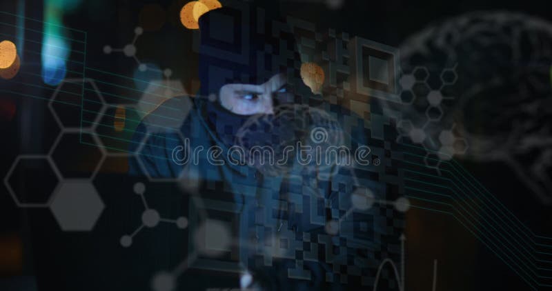 Animation Of Data Processing And Glowing Brain Over Hacker Using