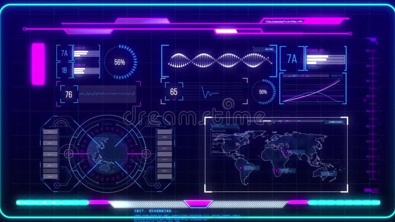 Animation of Data Processing on Glowing Charts, Graphs and World Map on Dark Interface Screen ...