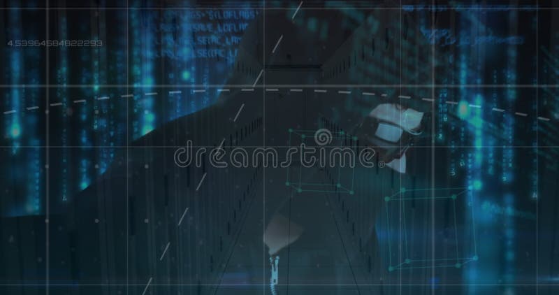 Animation of Data Processing and Hacker Over Server Room Stock Video ...