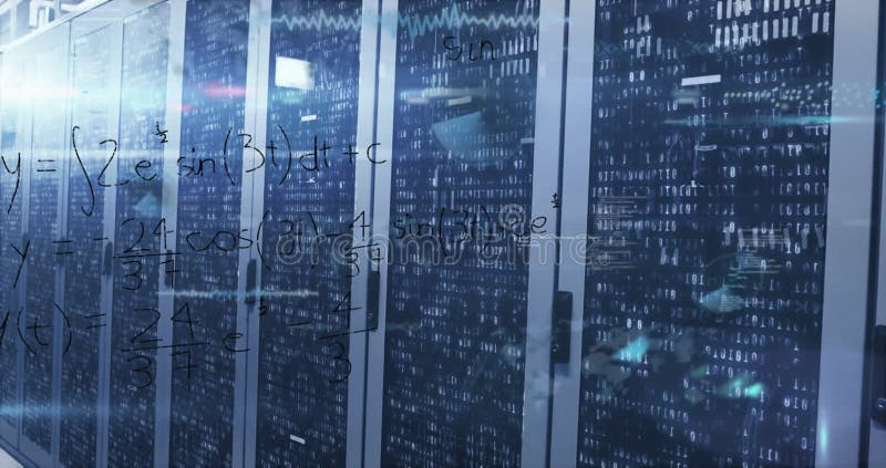 Animation of Data Processing and Mathematical Equations Against Binary Coding Over Server Room ...