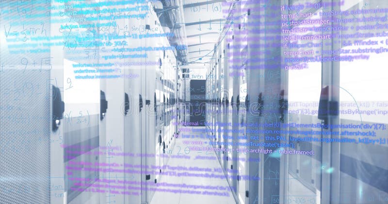 Animation of Data Processing and Mathematical Equations Against Empty Computer Server Room Stock ...