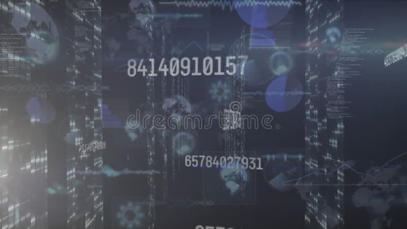 Animation of Data Processing and Multiple Changing Numbers Against Screens of Mosaic Squares ...