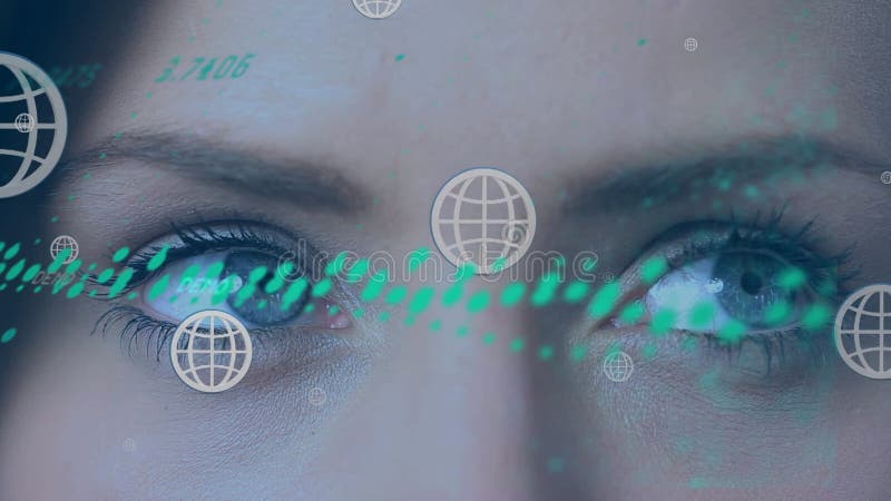 Animation of Data Processing and Multiple Globe Icons Floating Against Close Up of Female Eyes ...