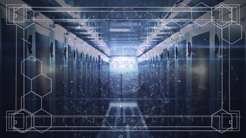Animation of Data Processing and Network of Screens Over Computer Servers in Background Stock ...