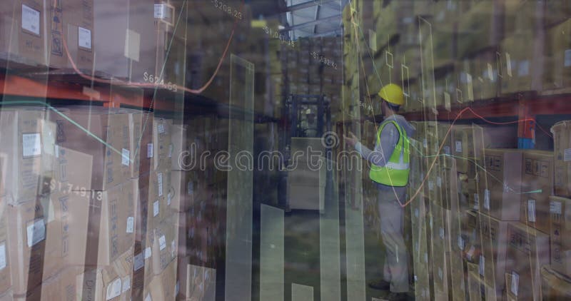 Animation of Data Processing Over African American Male Worker Operating Forklift at the ...