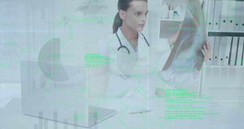 Animation of Data Processing Over Caucasian Female Doctor with X Ray ...