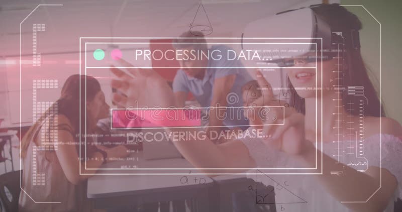 Animation of Data Processing Over Caucasian Girl with Vr Headset and ...