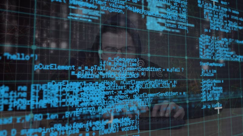 Animation Of Data Processing Over Caucasian Hacker Typing On Keyboard