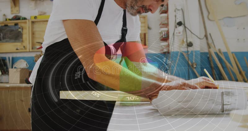 Animation of Data Processing Over Caucasian Male Carpenter Working in ...