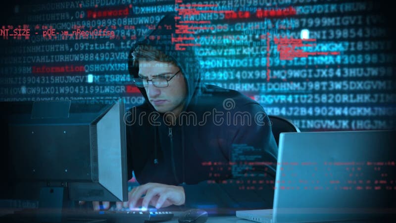 Animation of Data Processing Over Caucasian Male Hacker Using Laptop ...