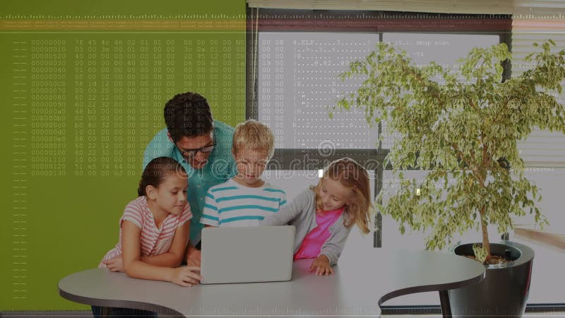 Animation of Data Processing Over Caucasian Male Teacher and Students ...