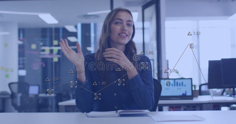 Animation of Data Processing Over Caucasian Woman Waving and Smiling ...