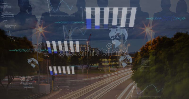 Animation of Data Processing Over City Street Against Silhouette of ...