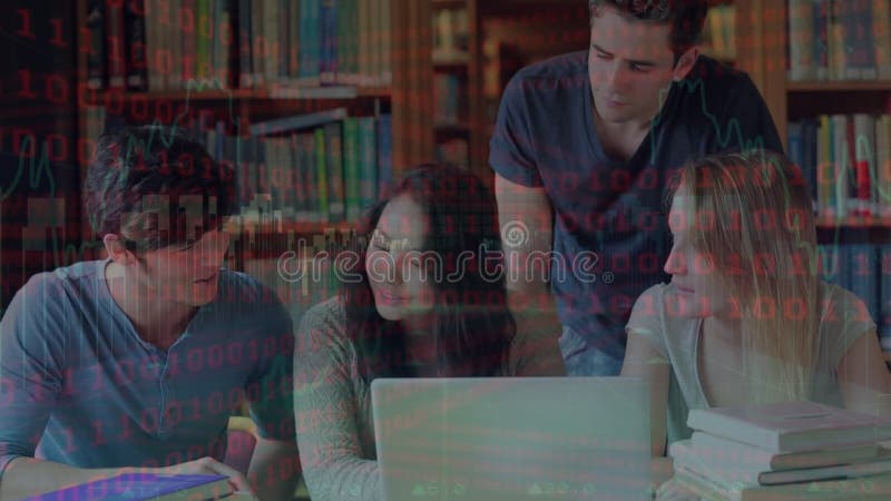 Animation of Data Processing Over Diverse Male and Female Students Studying Together in Library ...