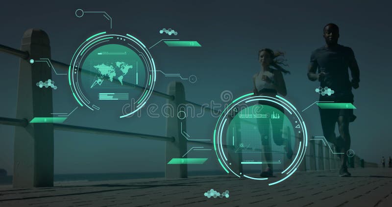 Animation of Data Processing Over Diverse Man and Woman Running Stock ...
