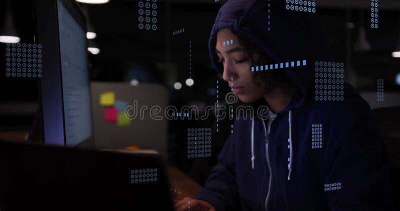 Animation of Data Processing Over Female Hacker Using Computer Stock Video - Video of processing ...