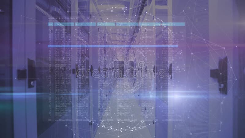 Animation of Data Processing Over Globe of Network of Connections Against Empty Computer Server ...