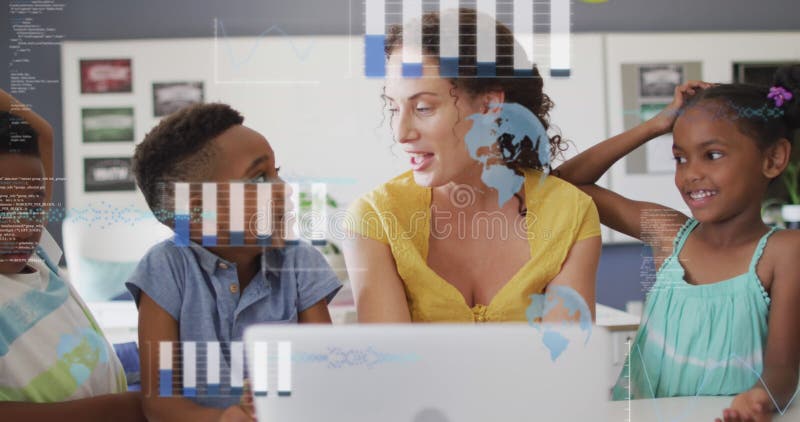 Animation of Data Processing Over Happy Diverse Female Teacher and ...