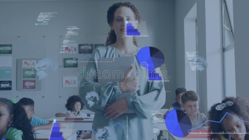 Animation of Data Processing Over Happy Diverse Female Teacher with ...