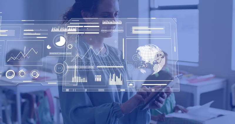 Animation of Data Processing Over Happy Diverse Female Teacher Using Tablet in School Classroom ...