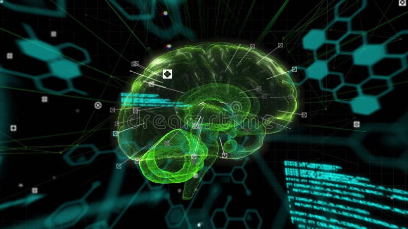 Animation of Data Processing Over Human Brain on Dark Background Stock ...