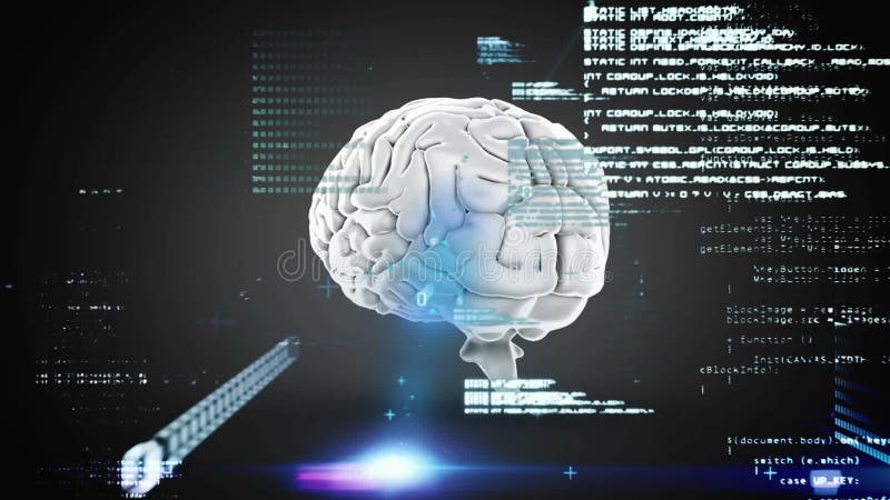 Animation of Data Processing Over Human Brain on Grey Background Stock ...