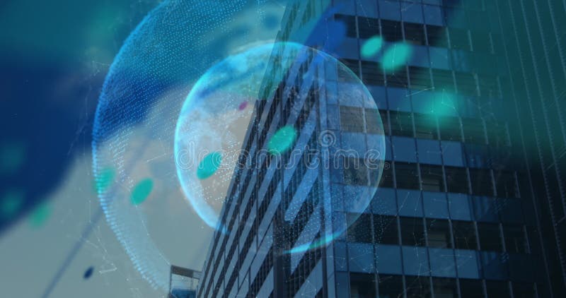 Animation of Data Processing Over Spinning Globe and World Map Against ...