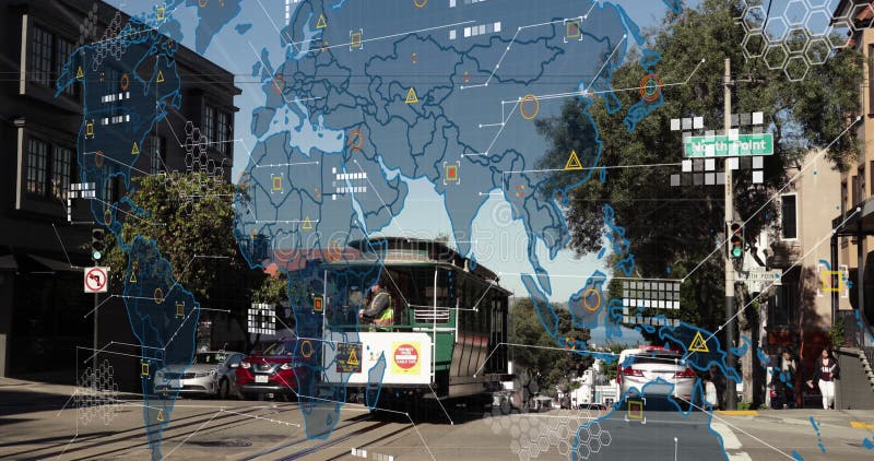 Animation of Data Processing Over World Map Against City Traffic Stock ...