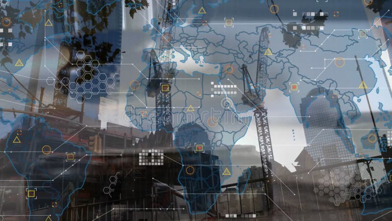 Animation of Data Processing Over World Map Against Construction Site ...