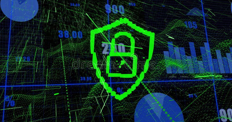 Animation of Data Processing and Padlock Icon Over Dark Background ...