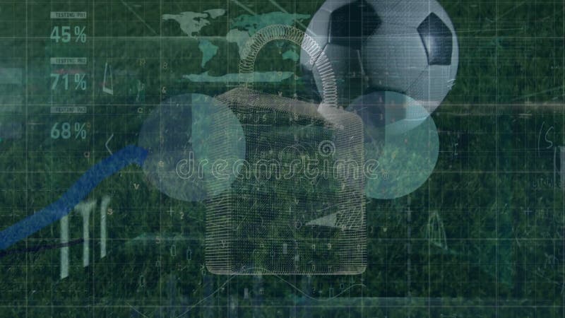 Animation of Data Processing and Padlock Icon Over Diverse Football ...